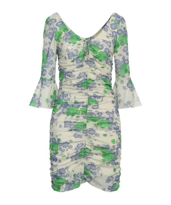 GANNI Floral Pattern Dress With Three-quarter Sleeves And Pleated Design