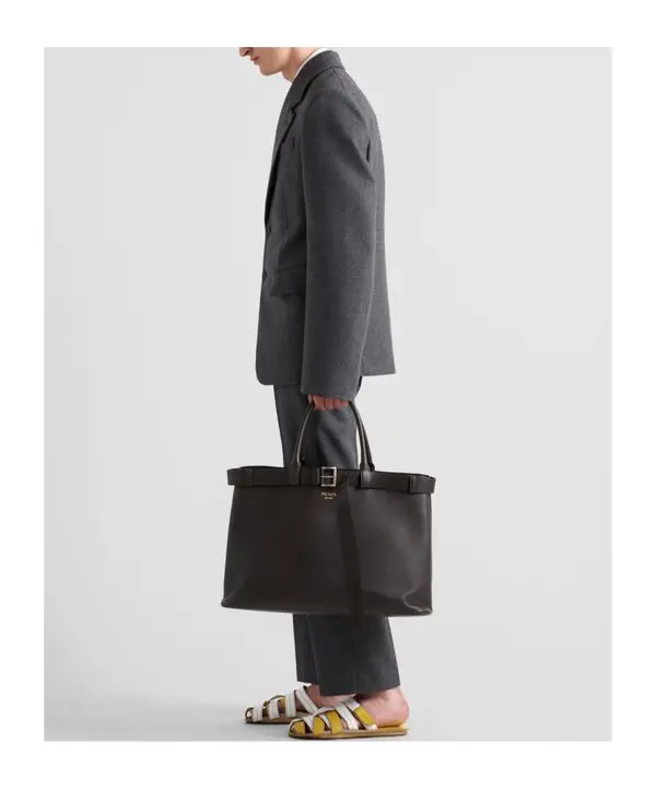 Prada Buckled Leather Tote Bag - Dark Brown