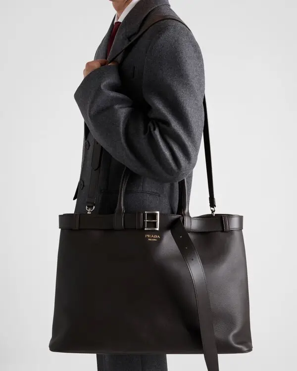 Prada Buckled Leather Tote Bag - Dark Brown