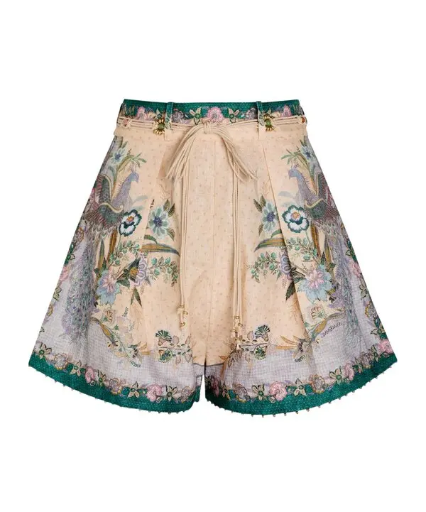 Zimmermann Printed Belted Linen Shorts - Nude