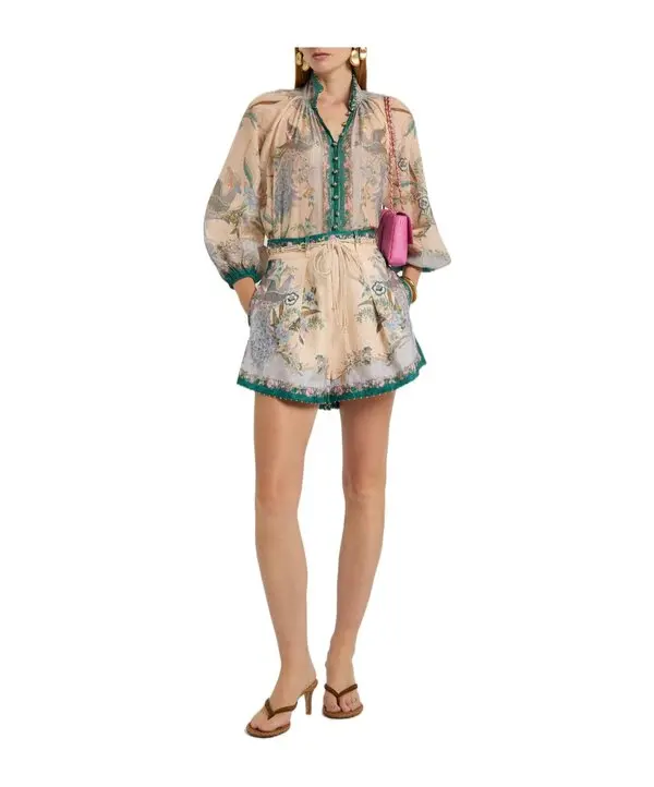 Zimmermann Printed Belted Linen Shorts