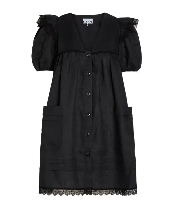 GANNI Linen V-neck Puff Sleeve Dress With Lace Trim - Black