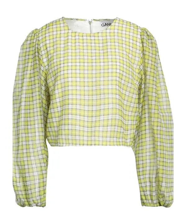 GANNI Checked Puff Sleeve Cropped Top