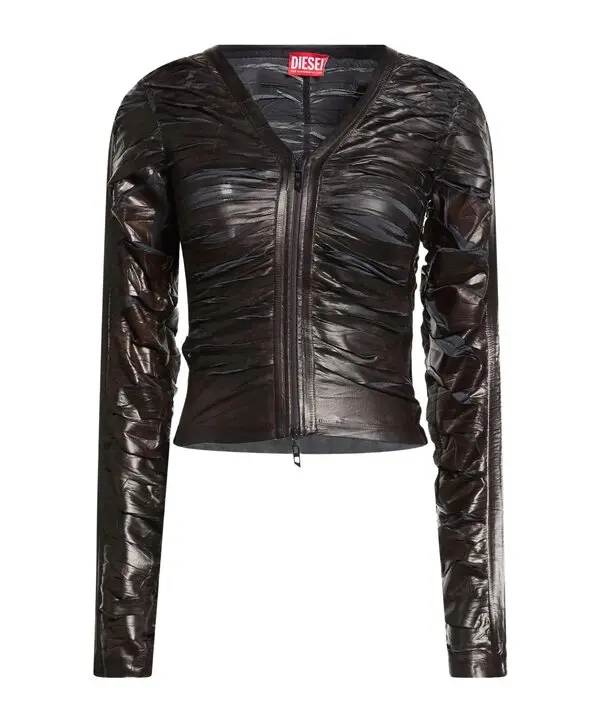 DIESEL® V-neck Zip-up Jersey Shirt With Coated Effect - Black