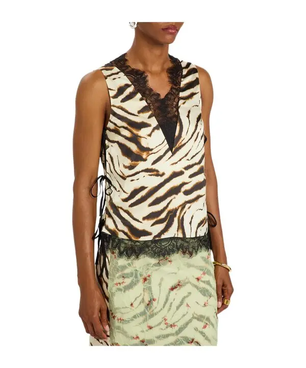 GANNI Printed Lace-trimmed Satin Top