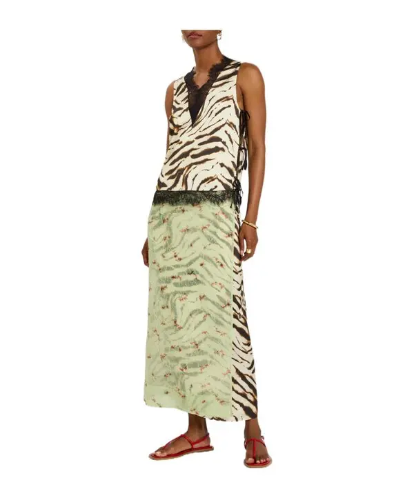 GANNI Printed Lace-trimmed Satin Top