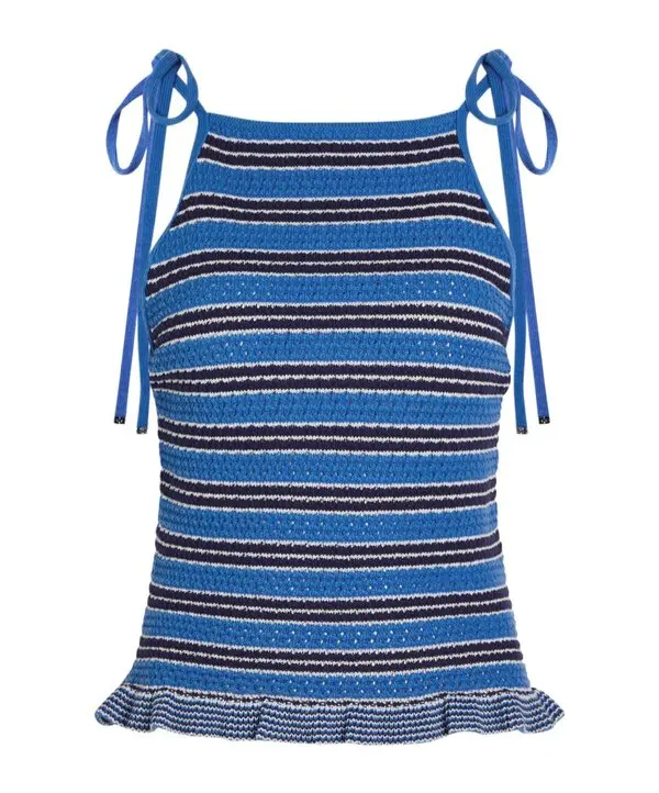 GANNI Square Neck Cotton Tank Top With Tie Straps And Flared Hem - Blue