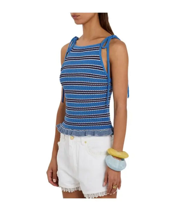 GANNI Square Neck Cotton Tank Top With Tie Straps And Flared Hem - Blue