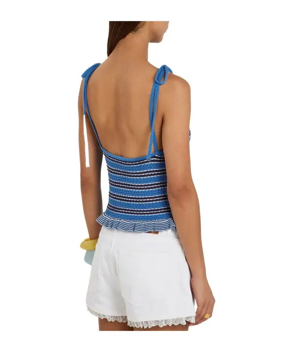 GANNI Square Neck Cotton Tank Top With Tie Straps And Flared Hem - Blue