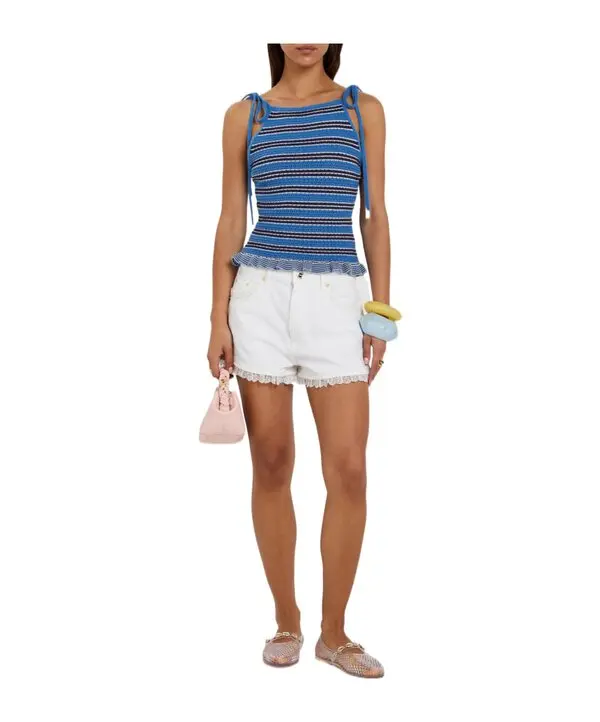 GANNI Square Neck Cotton Tank Top With Tie Straps And Flared Hem - Blue