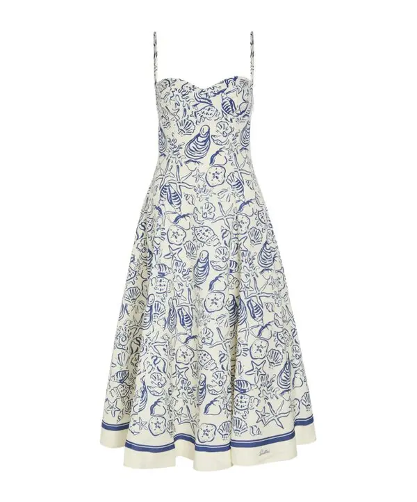 Simkhai Printed Linen-blend Sweetheart Neck Midi Dress