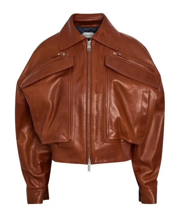 Versace Loose Leather Jacket With Zip-fastening Pockets - Brown