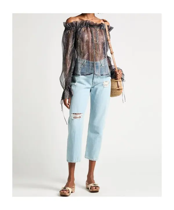 Saint Laurent Off-shoulder Paisley Metallic Top - Gray
