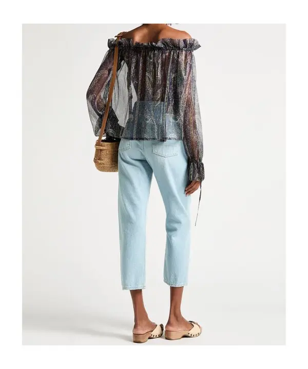 Saint Laurent Off-shoulder Paisley Metallic Top - Gray