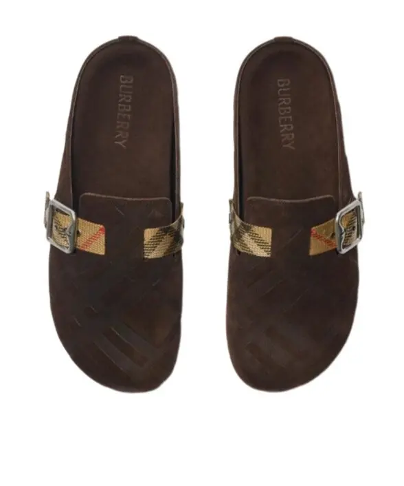 Burberry Suede Clogs With Buckled Strap