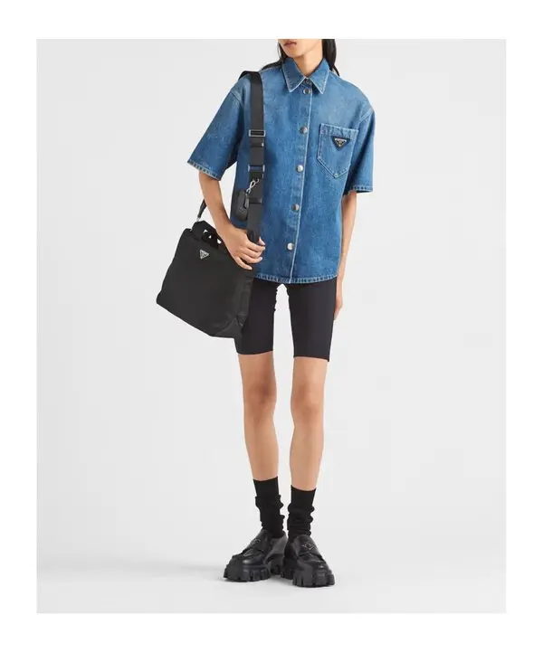 Prada Denim Short Sleeve Shirt With Enameled Logo