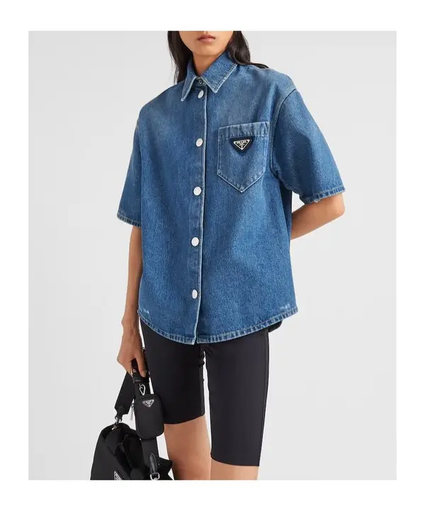 Prada Denim Short Sleeve Shirt With Enameled Logo