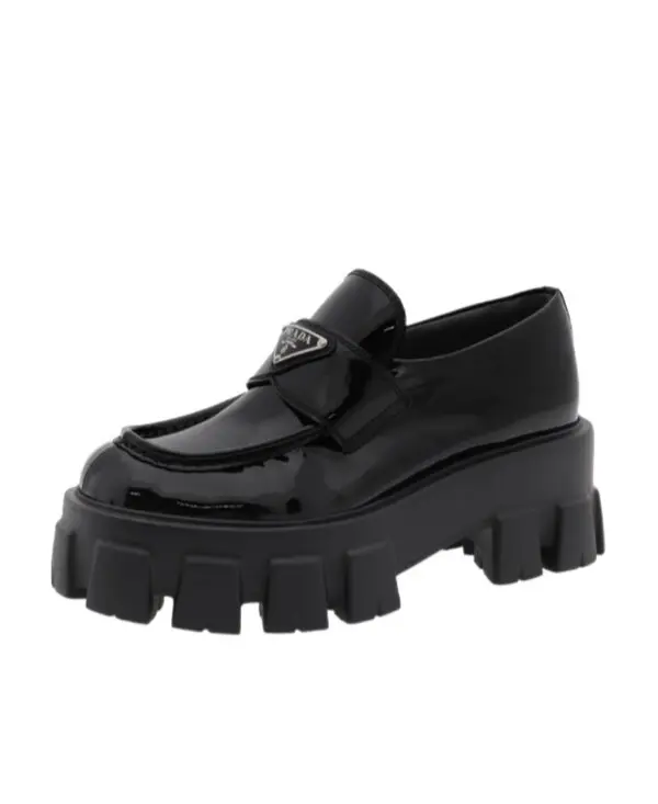 Prada Patent Leather Slip-on Loafers With Triangular Logo And Thick Sole