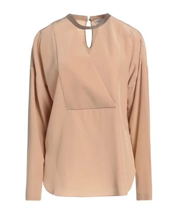Brunello Cucinelli Satin Long Sleeve Crew Neck Top With Appliqués