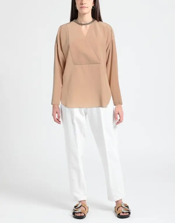 Brunello Cucinelli Satin Long Sleeve Crew Neck Top With Appliqués