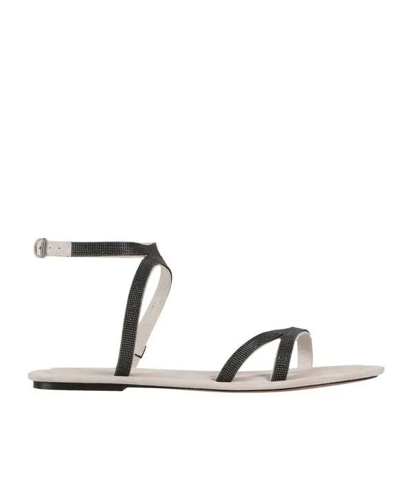 Brunello Cucinelli Embellished Leather Flat Sandals - Black