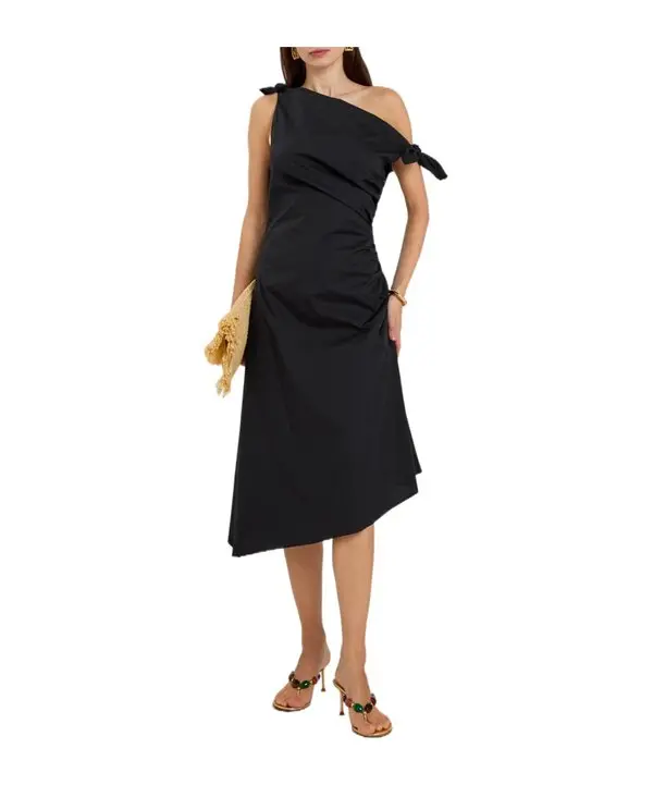 Staud Ruched Asymmetrical Midi Dress
