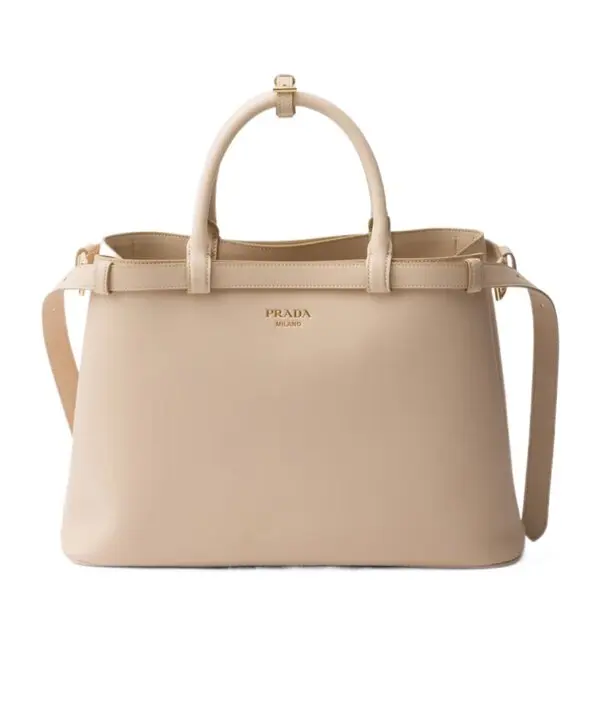 Prada Medium Leather Handbag With Double Belt Buckle - Nude