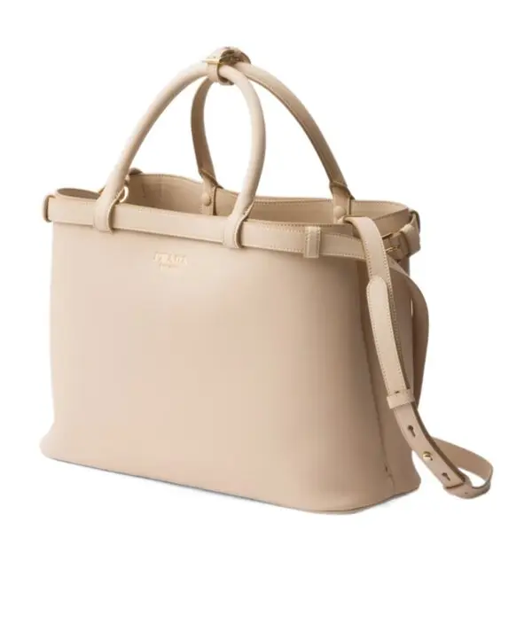 Prada Medium Leather Handbag With Double Belt Buckle - Nude