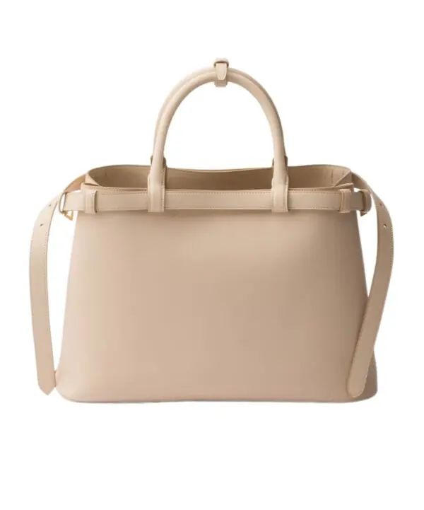 Prada Medium Leather Handbag With Double Belt Buckle - Nude