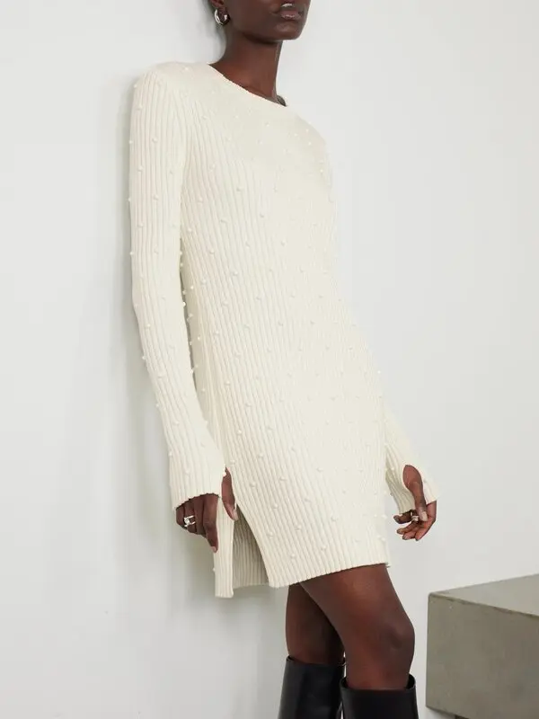 Helmut Lang Bead-embellished Ribbed Knit Mini Dress