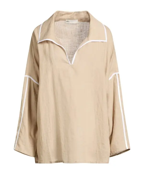 Tory Burch Long Sleeve Linen V-neck Top With Piping - Nude