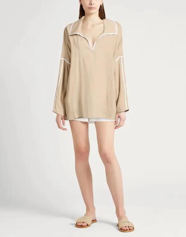 Tory Burch Long Sleeve Linen V-neck Top With Piping - Nude