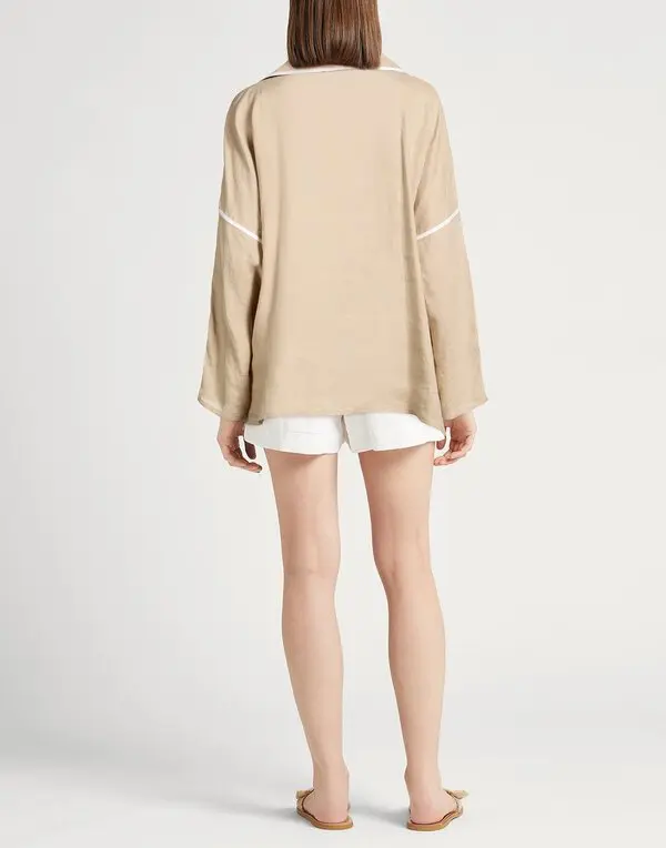 Tory Burch Long Sleeve Linen V-neck Top With Piping - Nude