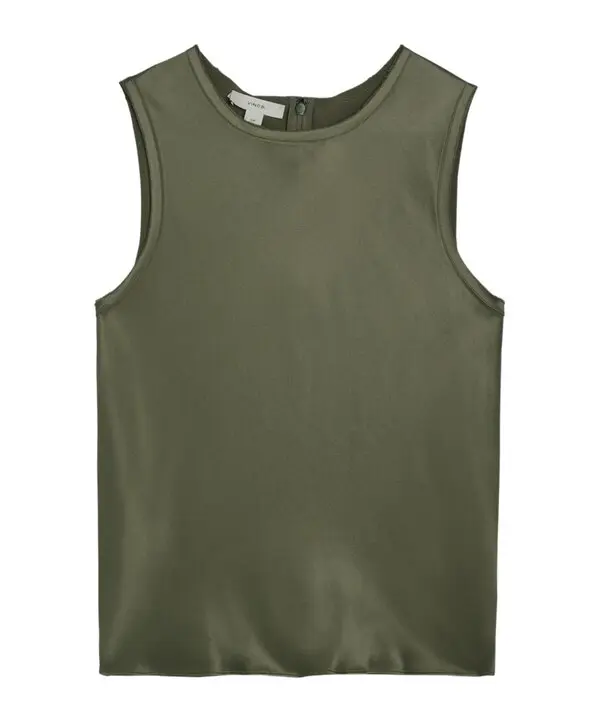 Vince Satin Crewneck Top With Raw-edged Trims - Green