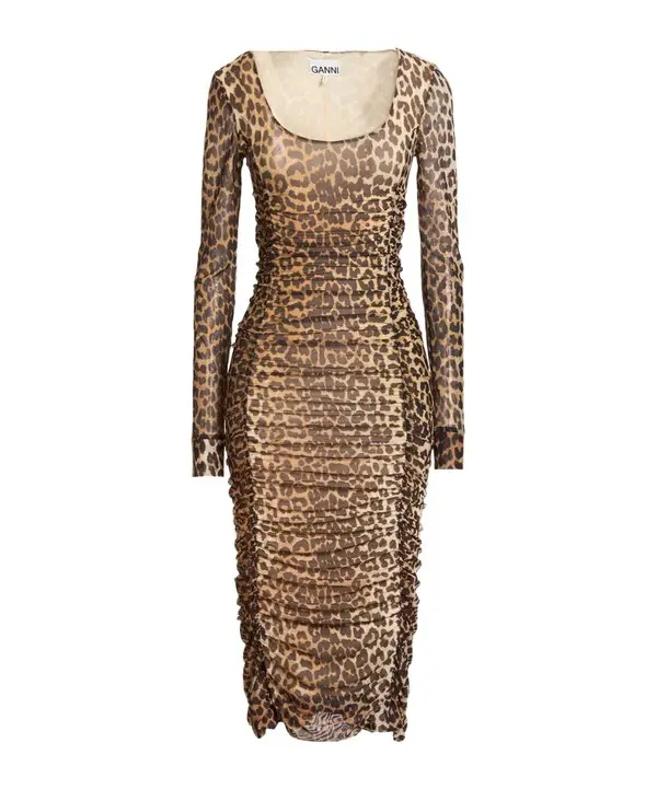 GANNI Leopard Print Long Sleeve Ruched Dress