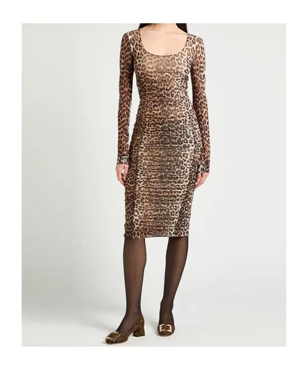 GANNI Leopard Print Long Sleeve Ruched Dress