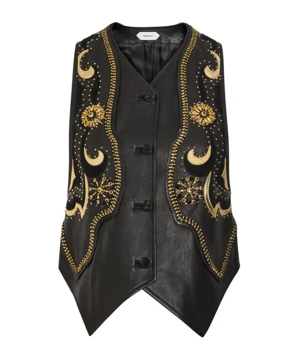 Versace Embellished Panelled Leather Vest - Black