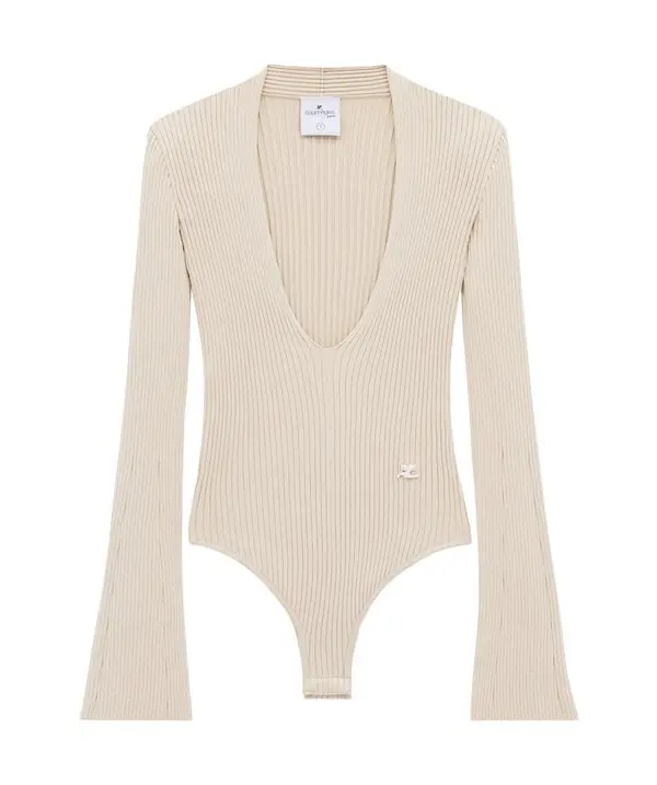COURREGES Ribbed-knit Bodysuit With Embroidered Logo - Nude