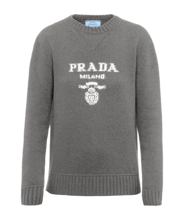 Prada Cashmere And Wool Crew-neck Sweater With Logo - Grey