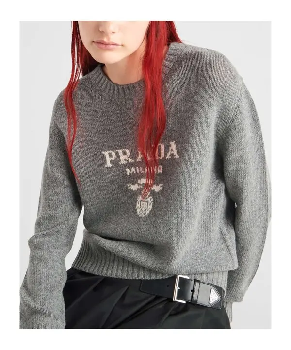 Prada Cashmere And Wool Crew-neck Sweater With Logo - Grey