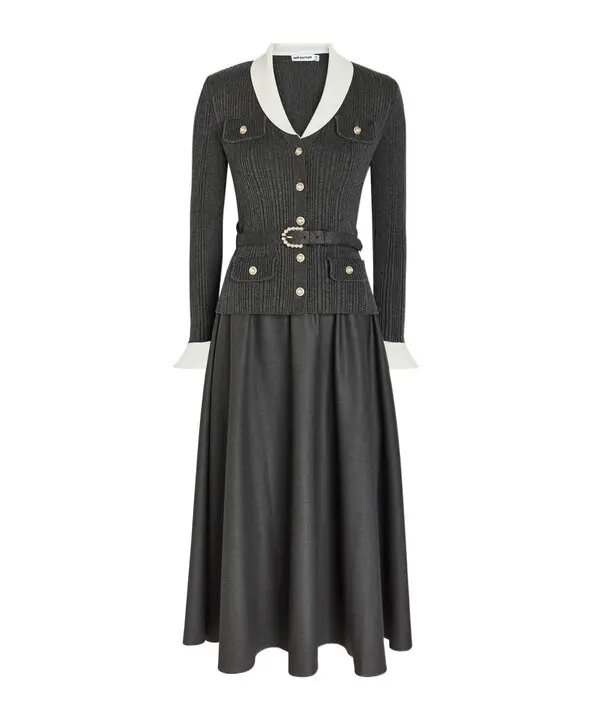 SELF-PORTRAIT Layered Knit And Twill Midi Dress - Black