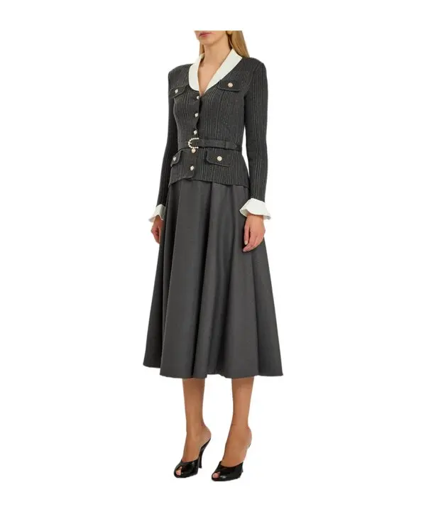 SELF-PORTRAIT Layered Knit And Twill Midi Dress