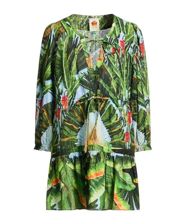 Farm Rio Long Sleeve Tropical Print Tiered Mini Dress - Green