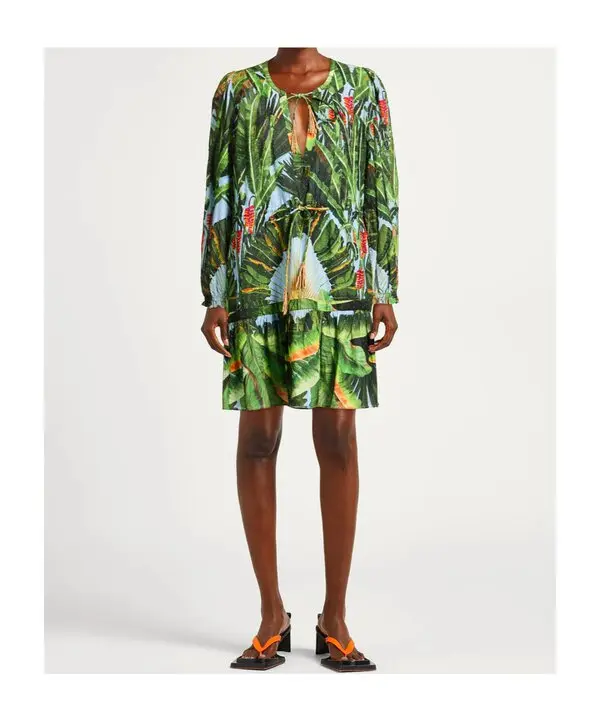 Farm Rio Long Sleeve Tropical Print Tiered Mini Dress