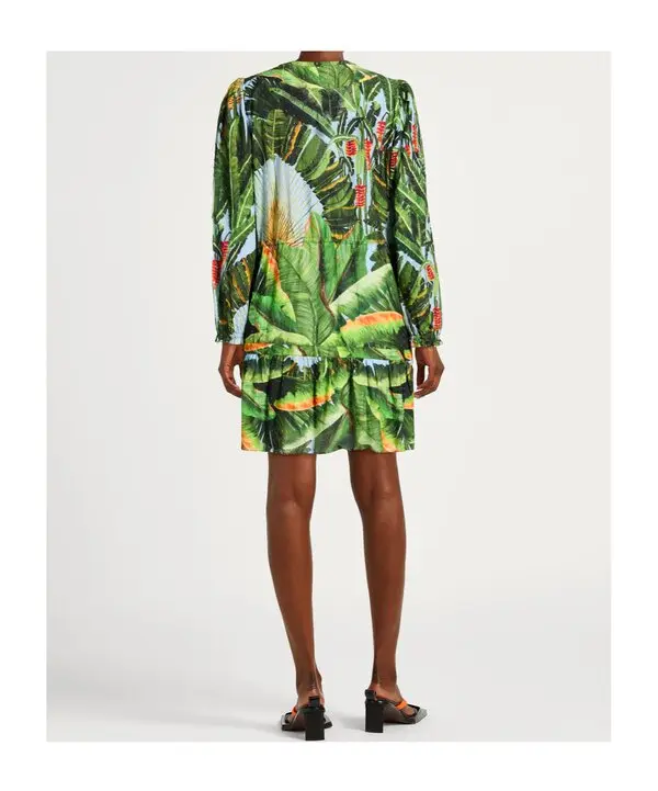 Farm Rio Long Sleeve Tropical Print Tiered Mini Dress