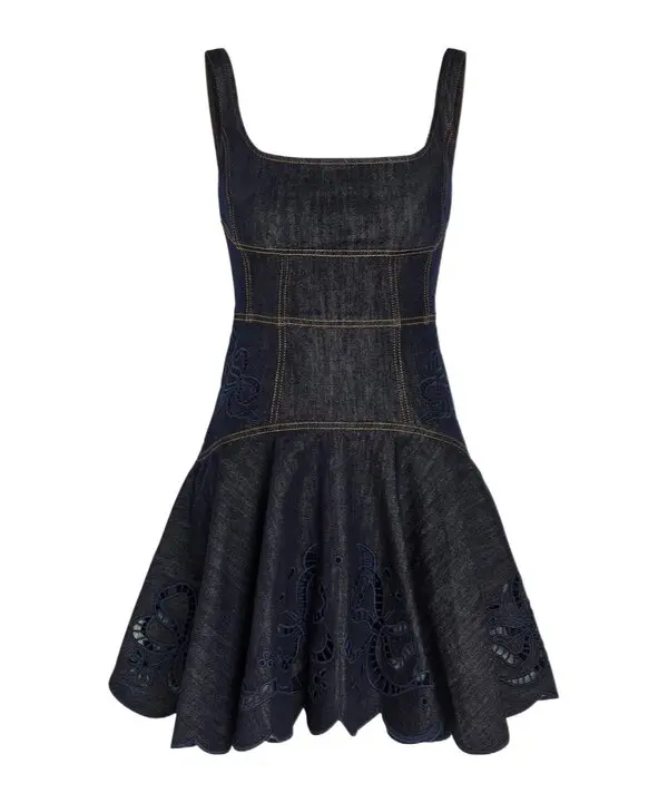 SELF-PORTRAIT Embroidered Panelled Denim Mini Dress