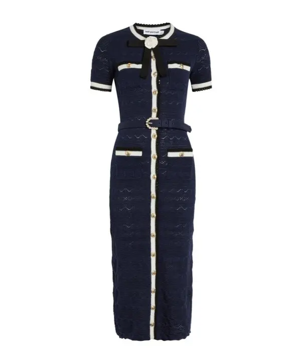 SELF-PORTRAIT Pointelle-knit Midi Dress With Floral Brooch And Pearl Belt - Black