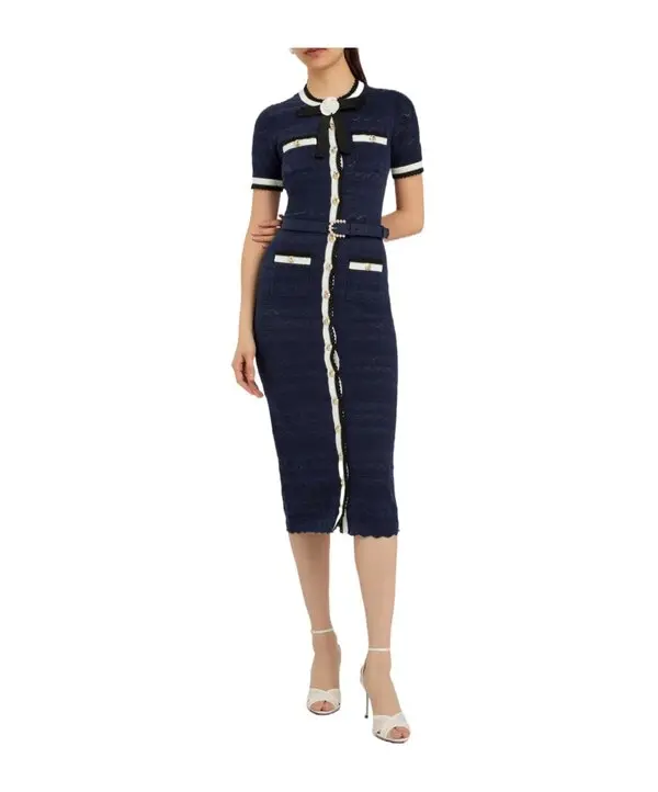 SELF-PORTRAIT Pointelle-knit Midi Dress With Floral Brooch And Pearl Belt
