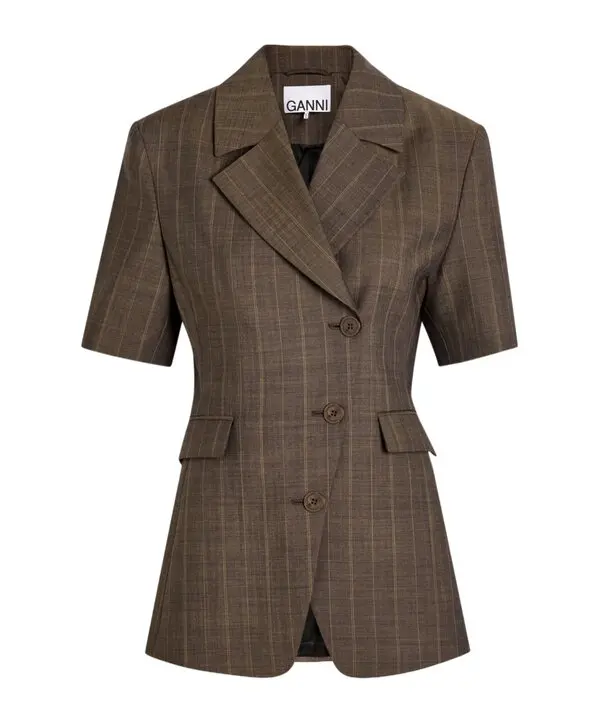 GANNI Pinstriped Double-breasted Wool Blazer - Brown