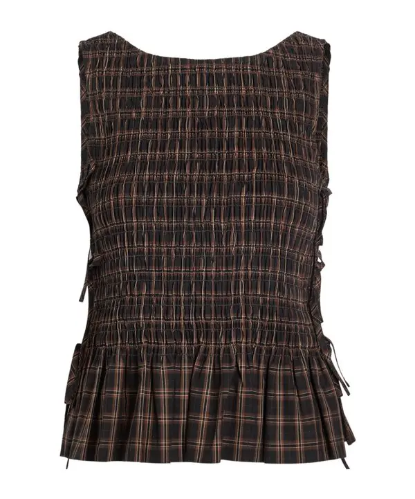 GANNI Checked Shirred Cotton-poplin Top